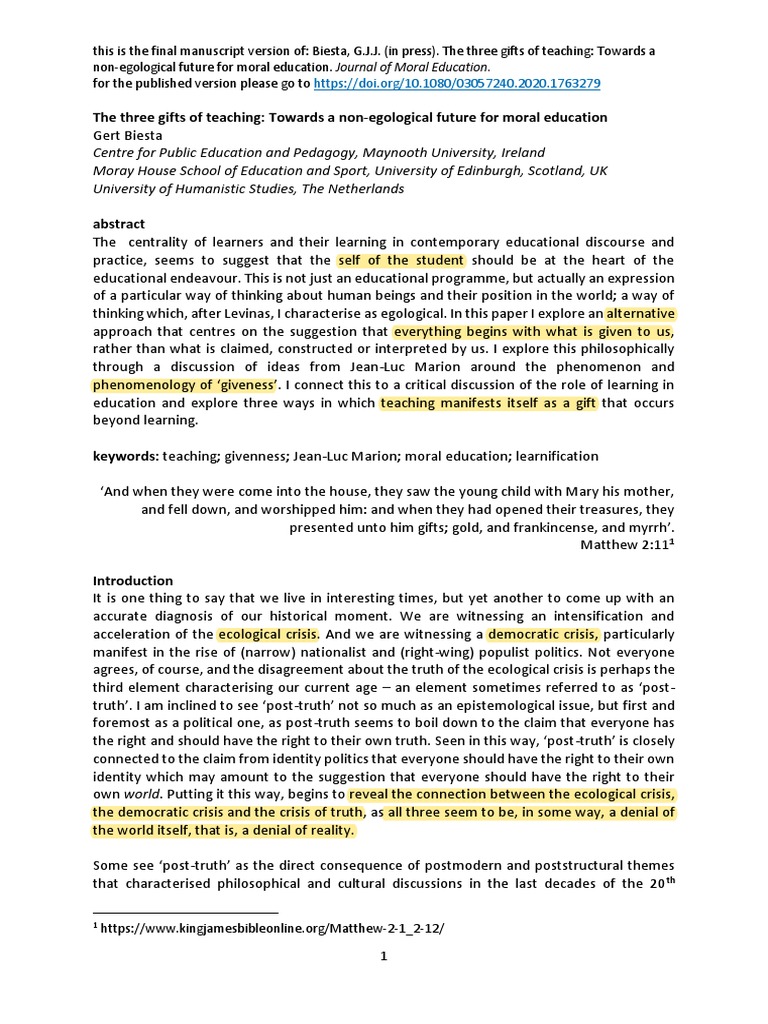 Biesta - Three Gifts of Teaching - 2020 | PDF | Phenomenology (Philosophy) | Edmund Husserl