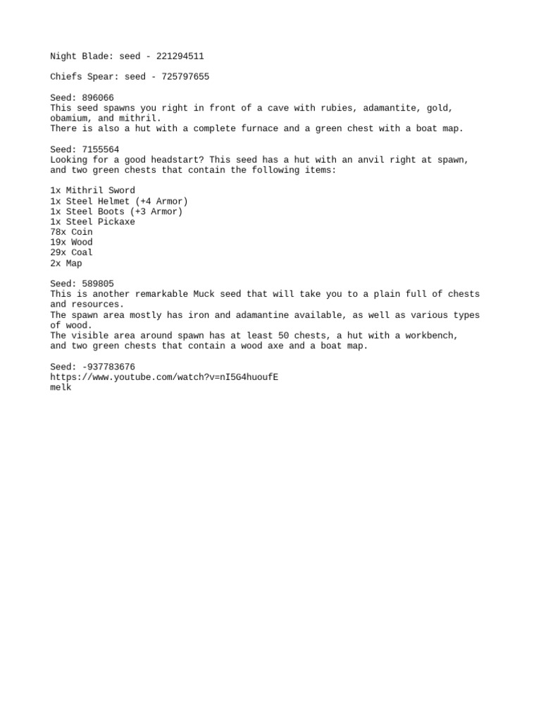 Muck Seed Codes and Locations Guide | PDF