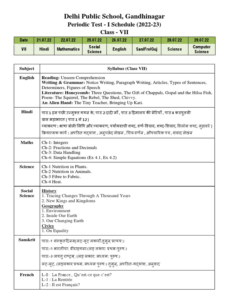 Delhi Public School, Gandhinagar: Periodic Test - I Schedule (2022-23 ...