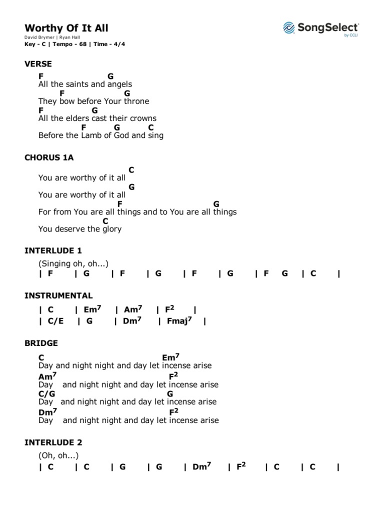 Worthy of It All - SongSelect Chart in C | PDF