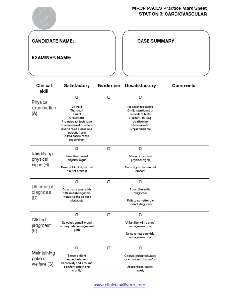 Station 3 Cardiovascular MRCP PACES Practice Mark Sheet | PDF | Medical Diagnosis | Health Care
