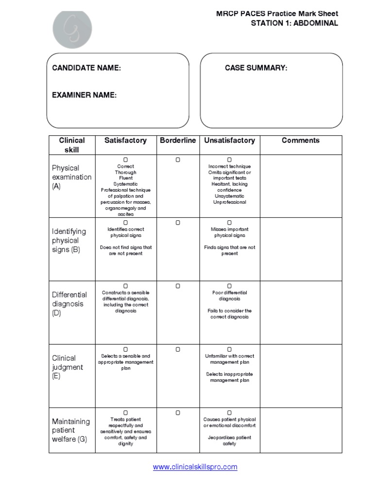 Station-1-abdominal-MRCP-PACES-Practice-Mark-Sheet | PDF | Medical ...
