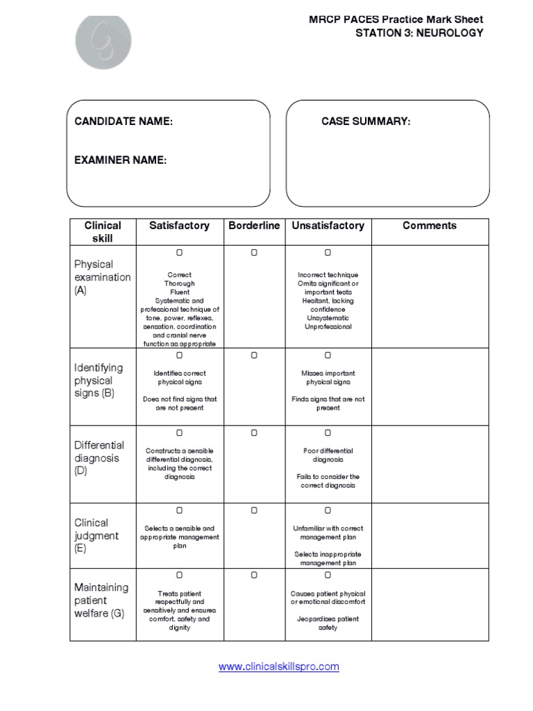 Station 3 Neurology MRCP PACES Mark Sheet | PDF | Neurology | Neuroscience