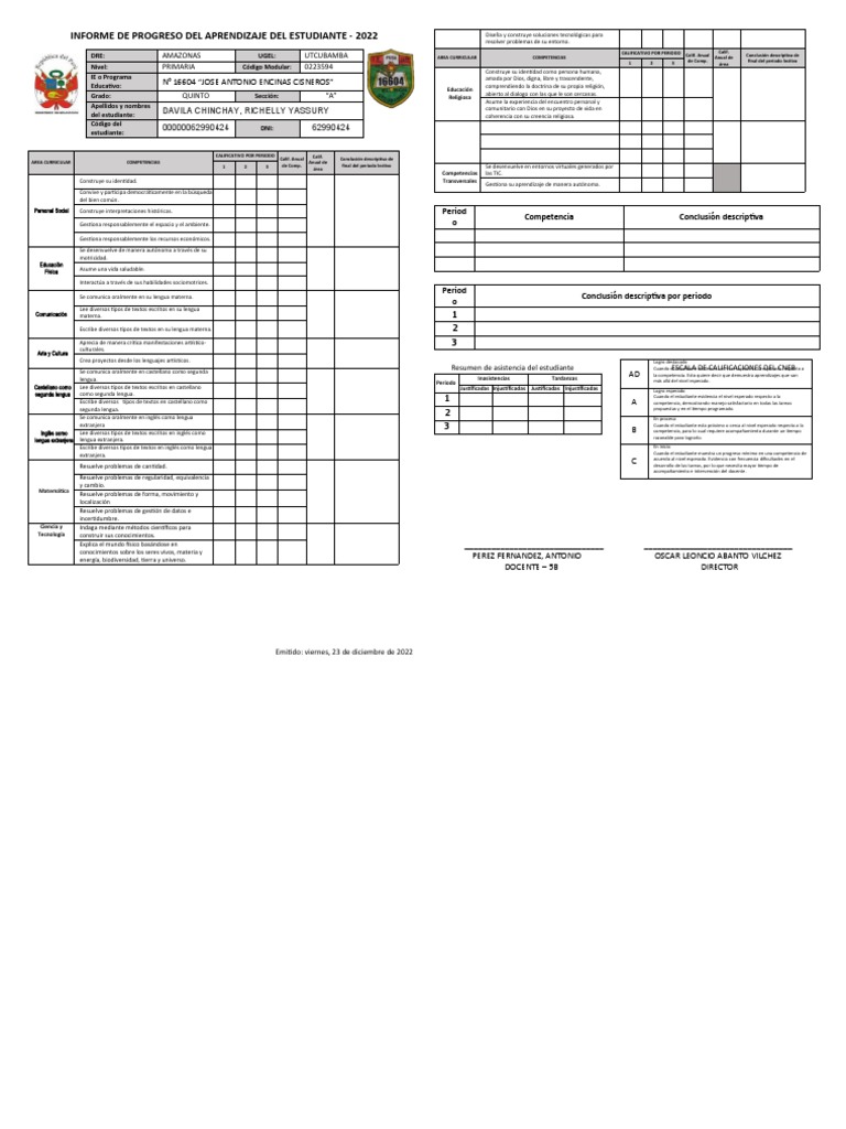 Libreta de Notas - Primaria 2022 | PDF | Segundo lenguaje | Lengua española