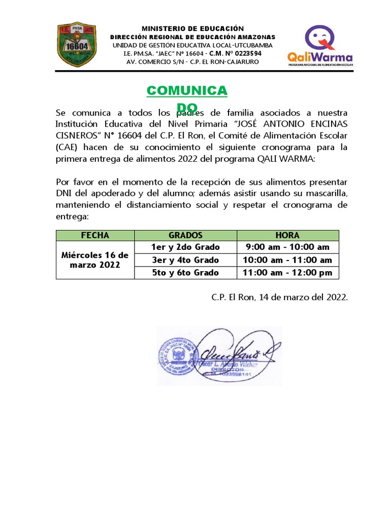Comunicado (1) Qali Warma - 2022 | PDF