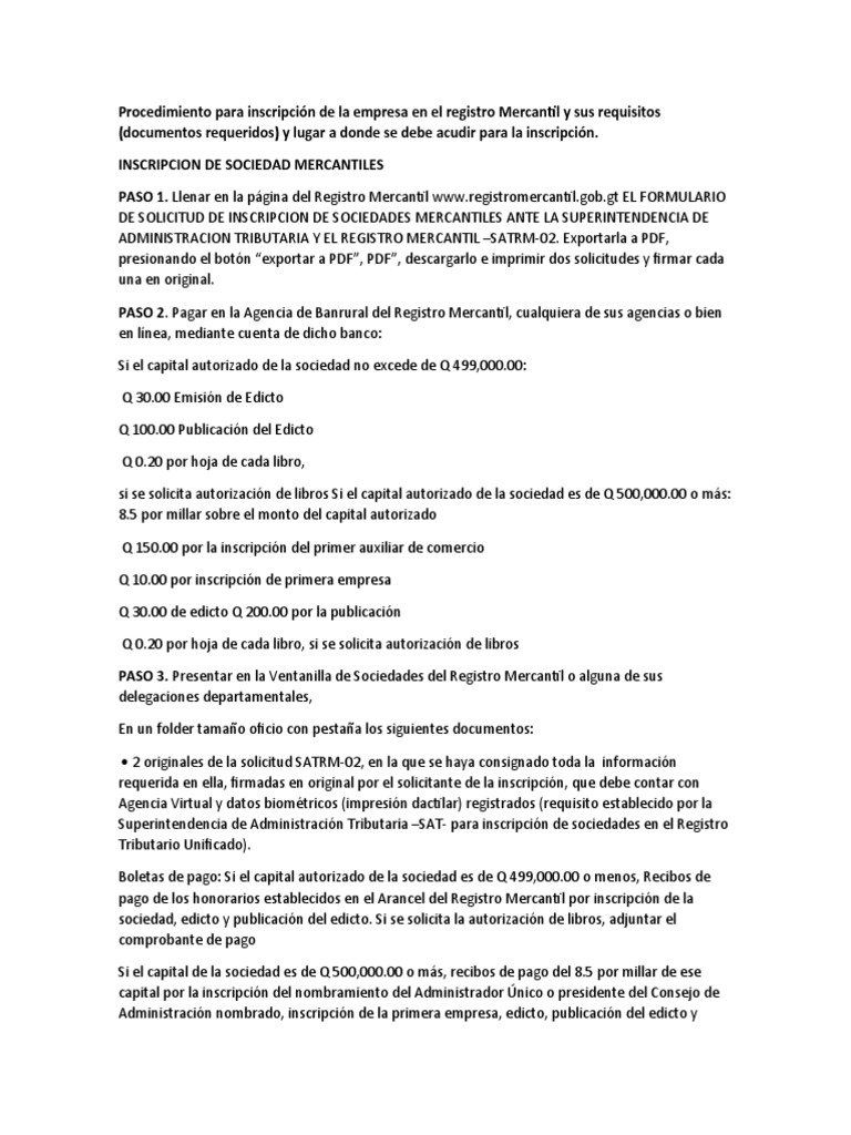 Procedimiento para Inscripción de La Empresa en El Registro Mercantil y Sus Requisitos | PDF ...