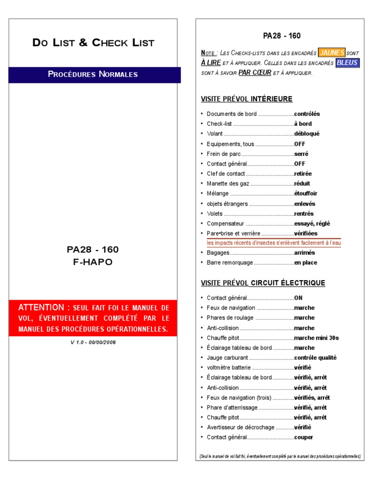Checklist Prévol PA28-160 | PDF | Décollage | Carburateur
