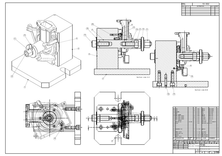Engineering Drawing of a Drilling Fixture Assembly with Detailed Part ...