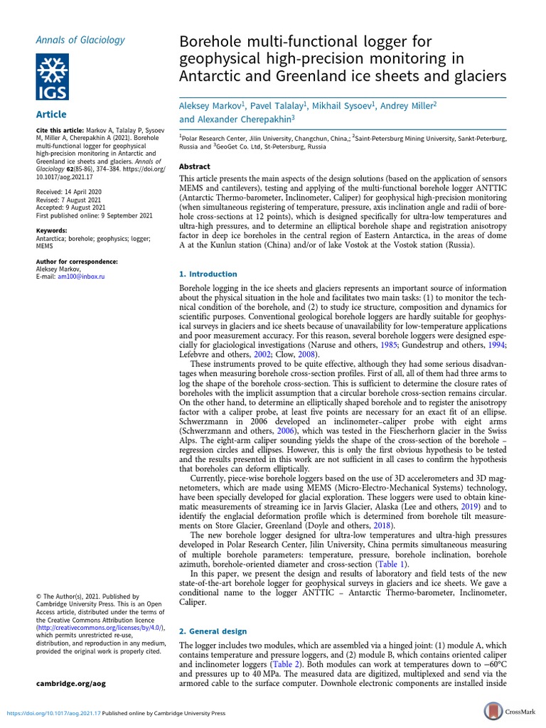 Borehole Multi Functional Logger For Geophysical High Precision Monitoring in Antarctic and ...