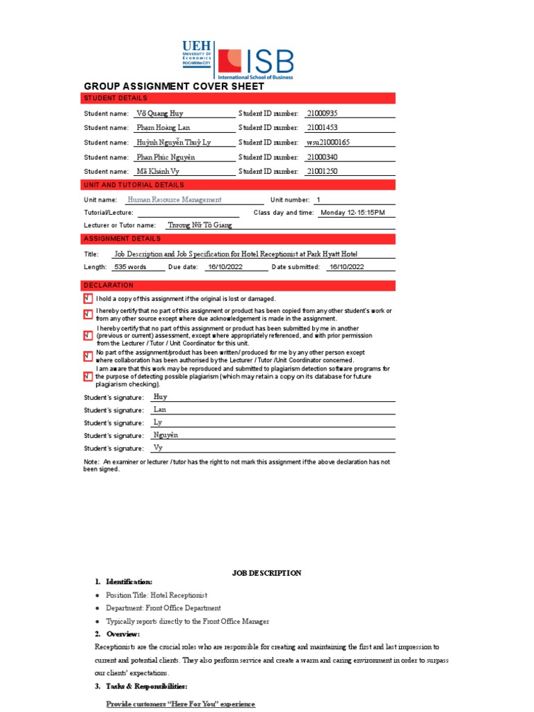 Hotel Receptionist Job Description & Specs | PDF | Business
