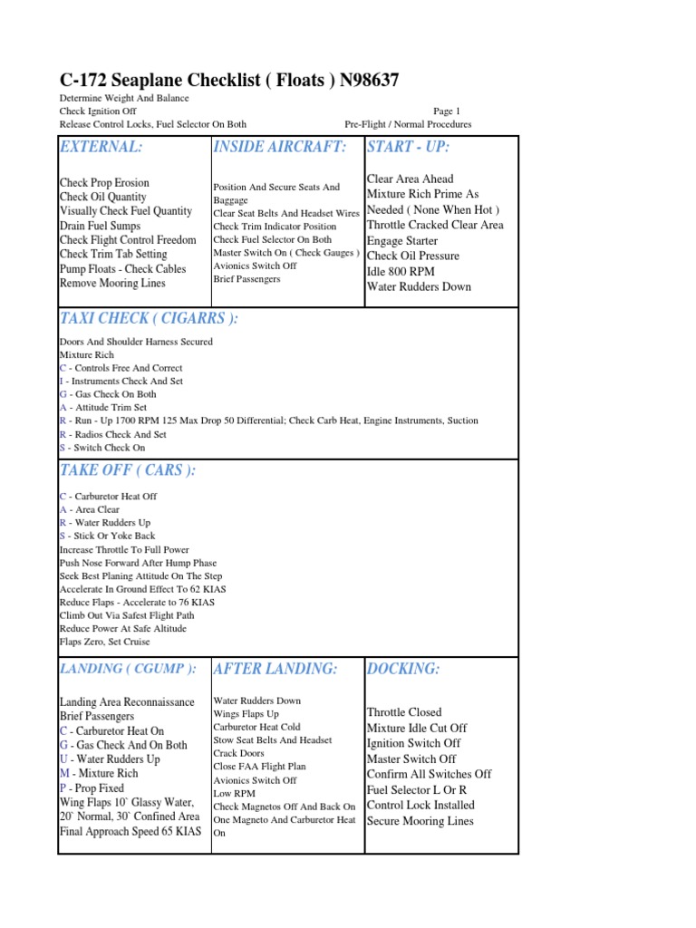 C-172 Seaplane Checklist (Floats) N98637: External: Inside Aircraft ...