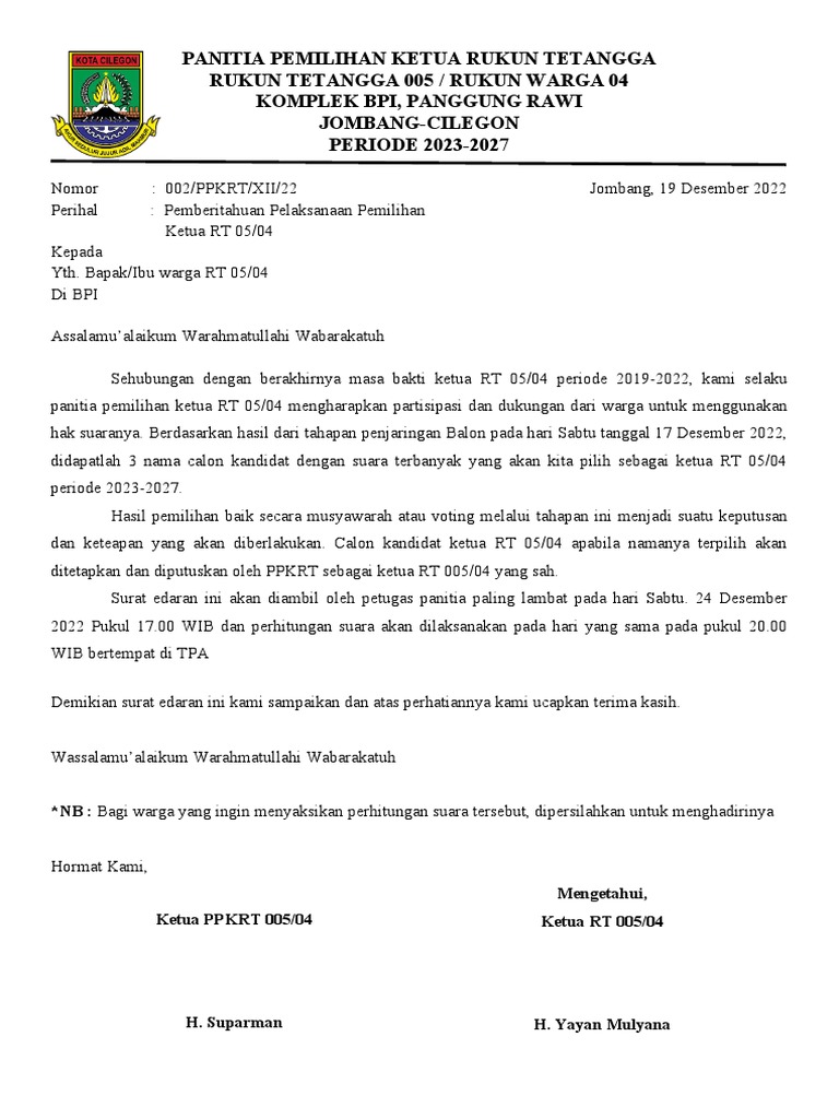 Surat Edaran Pemilihan Ketua RT | PDF