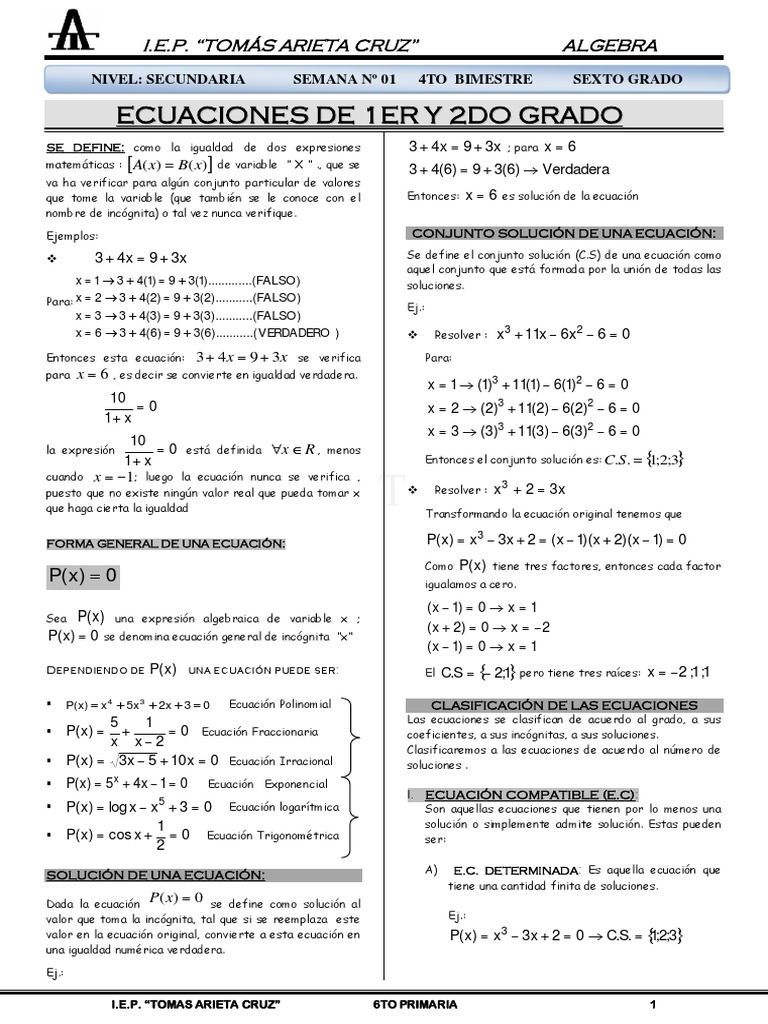 Algebra 4to Bimestre 1era Semana | PDF | Ecuaciones | Ecuación cuadrática