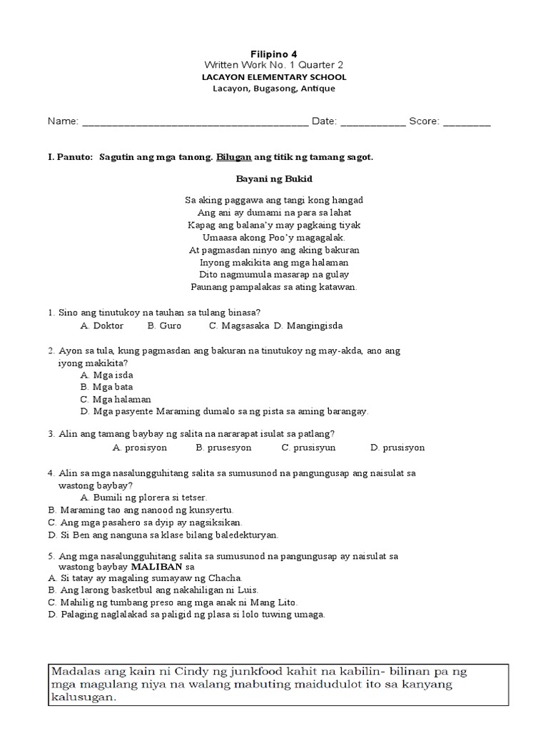 Summative Tests FILIPINO 4 Q2 SY 2021-2022 | PDF