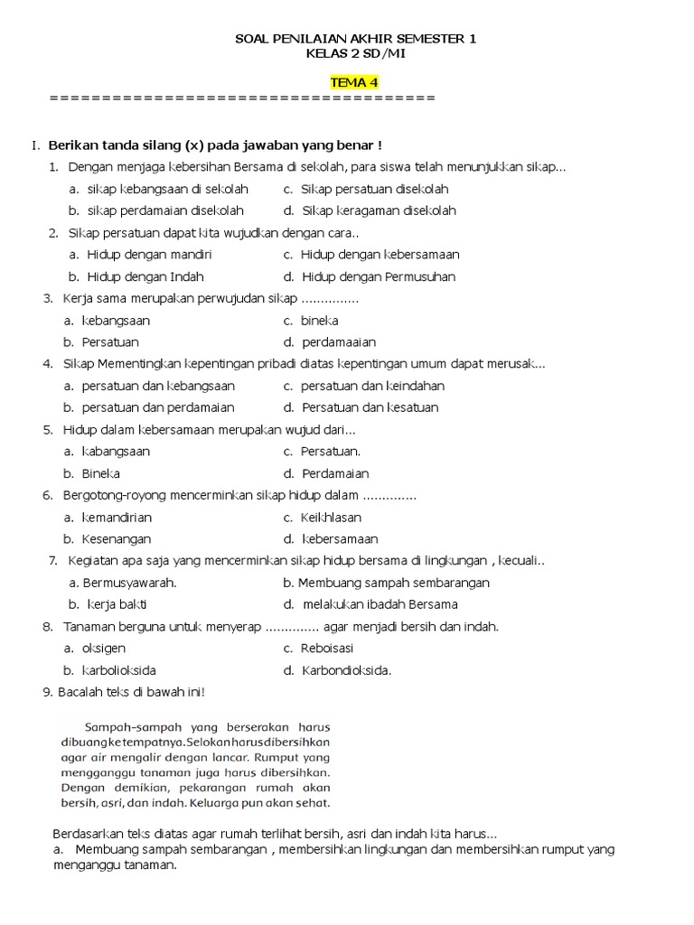 Soal PAS Kelas 2 Sem 1 Tema 4 - Reupload Kamimadrasah | PDF