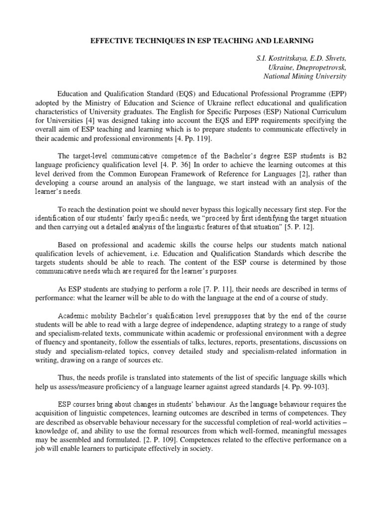 Effective Techniques in Esp Teaching and Learning | PDF | Learning ...