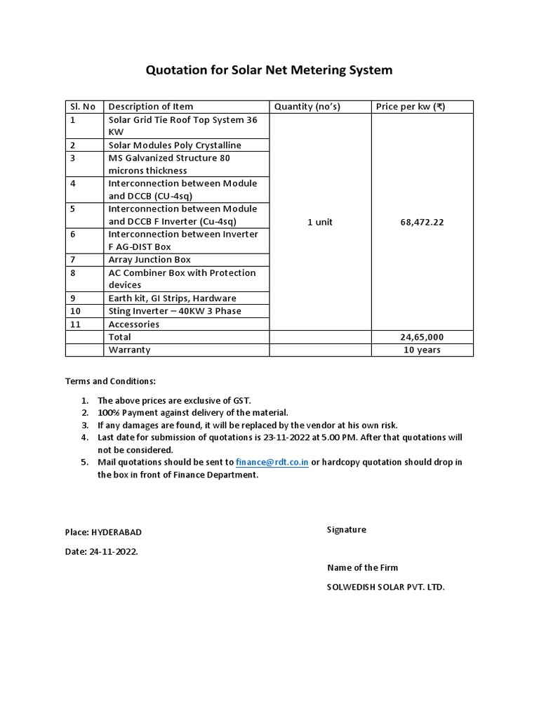 Quotation For Solar Net Metering System | PDF