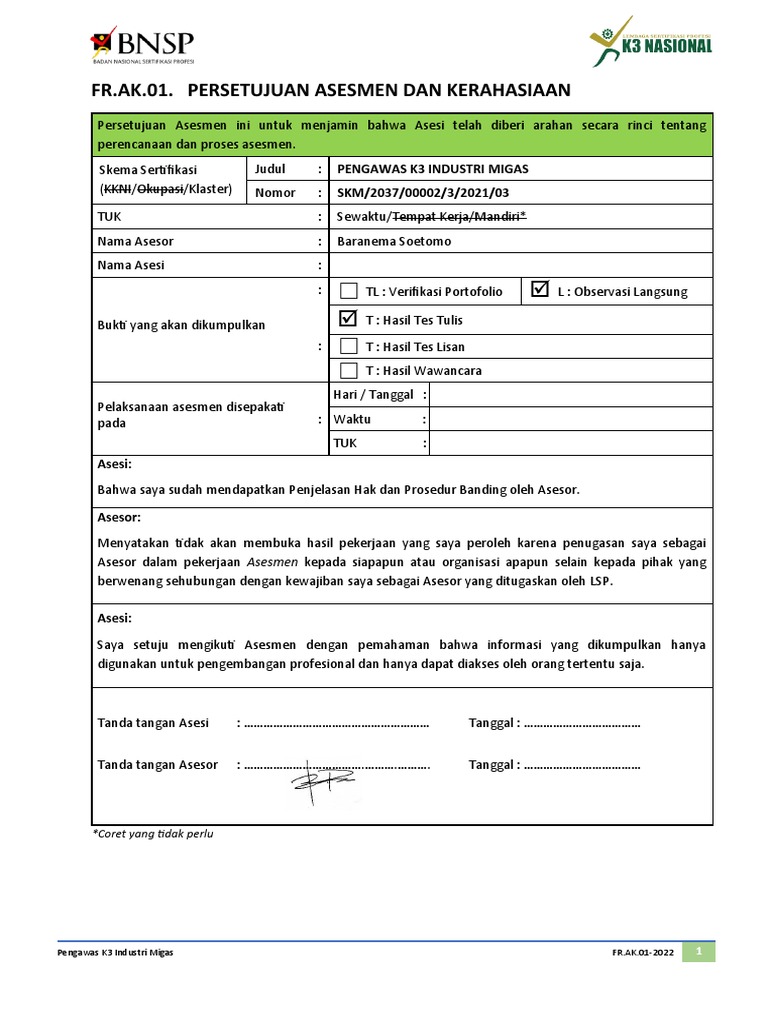 FR - Ak.01. Persetujuan Asesmen Dan Kerahasiaan | PDF