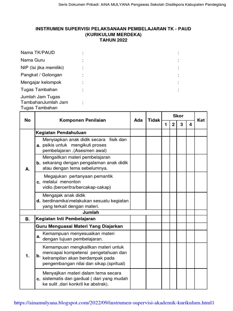 03 Instrumen Supervisi TK Paud Ok | PDF