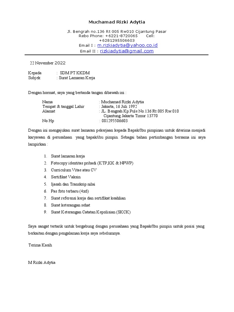 Lamaran Kerja Muchamad Rizki | PDF