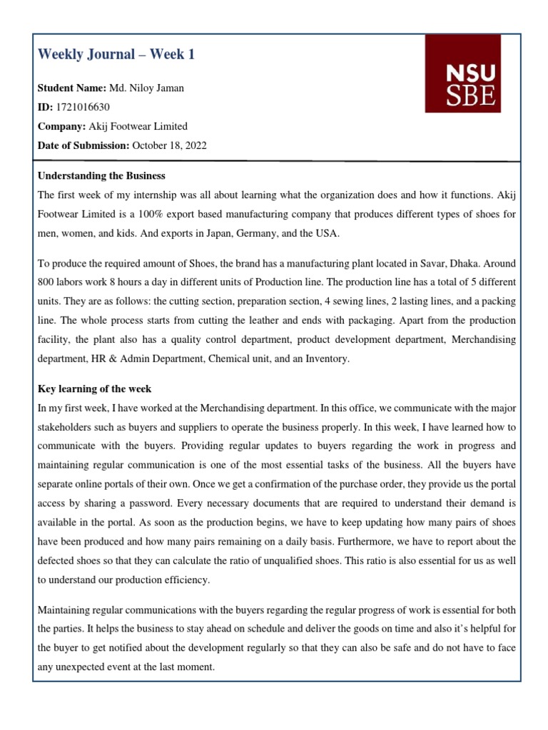 Weekly Journal - Week 1 | Download Free PDF | Shoe | Economies