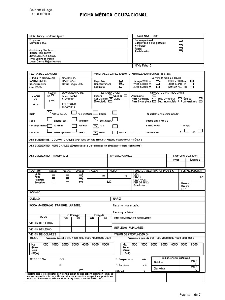 Ficha Medica Ocupacional 230118 | PDF | La columna vertebral | Hombro