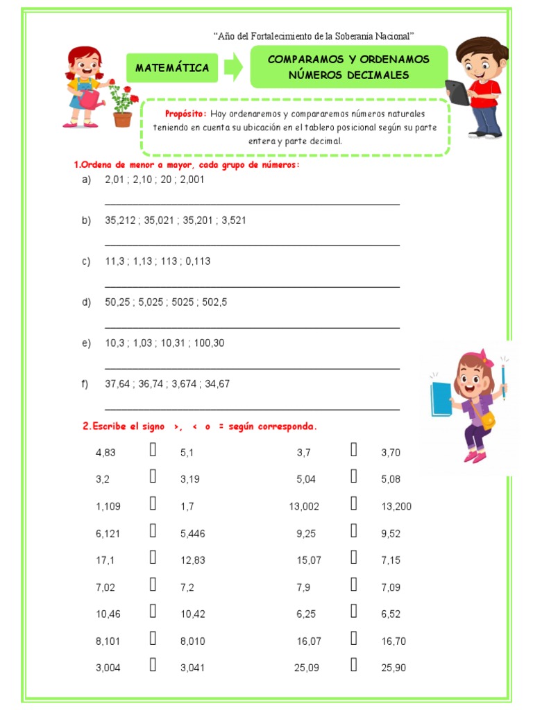 Hoja De Trabajo Para Comparar Decimales