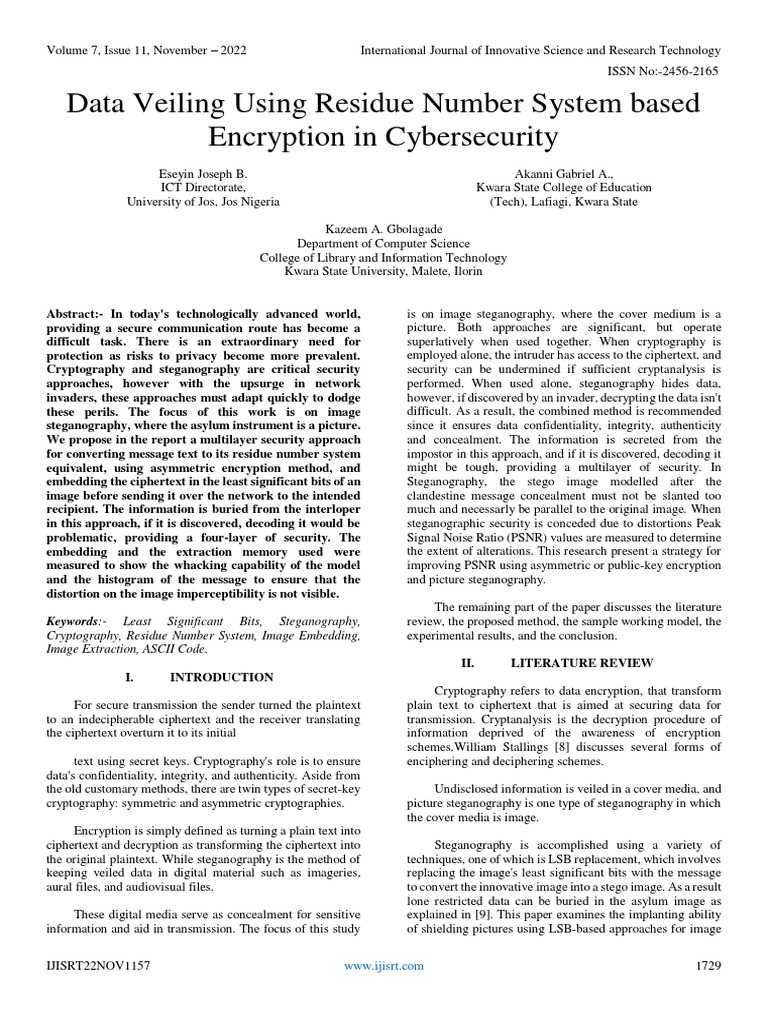 Data Veiling Using Residue Number System Based Encryption in Cybersecurity | Download Free PDF ...