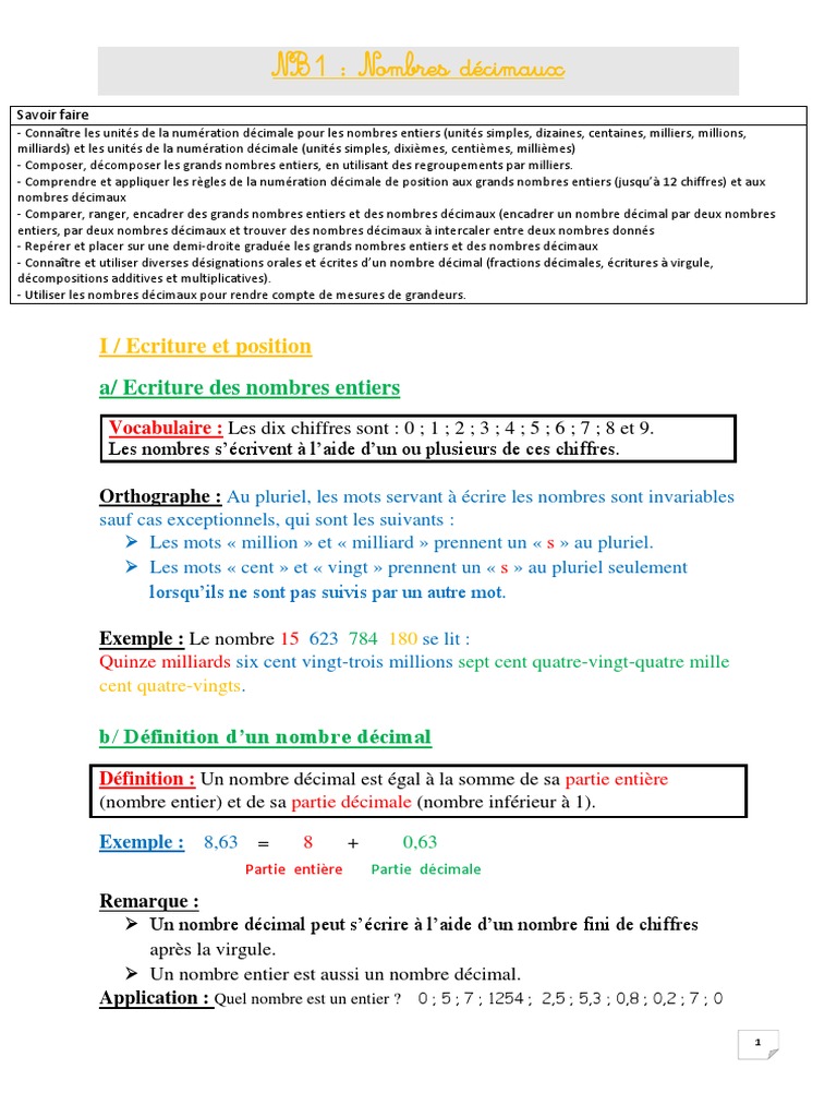 Définition et écriture des décimaux | PDF | Entier naturel | Décimal