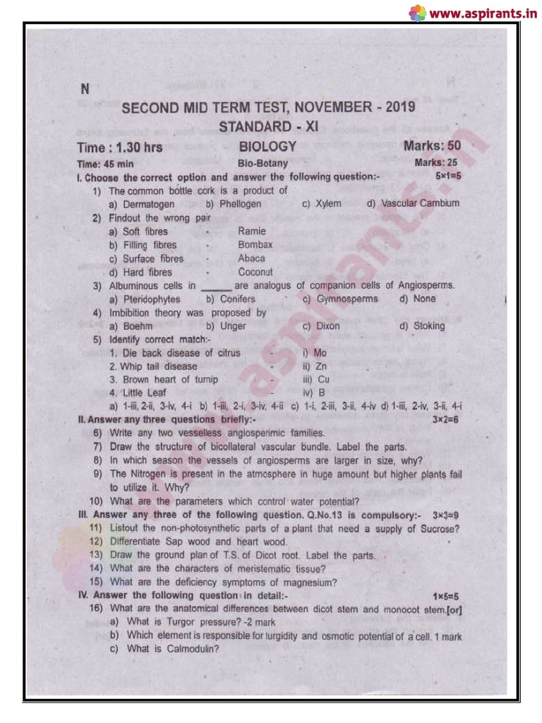 Aspirants AS101119 11th Biology 2nd Mid Term Exam 2019 Original Question Paper With Answer Key ...