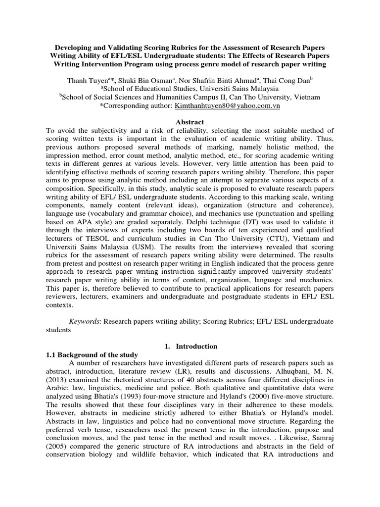 Developing and Validating Scoring Rubrics For The Assessment of ...