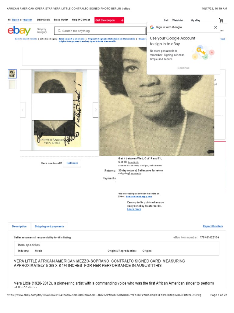 AFRICAN AMERICAN OPERA STAR VERA LITTLE CONTRALTO SIGNED PHOTO BERLIN ...