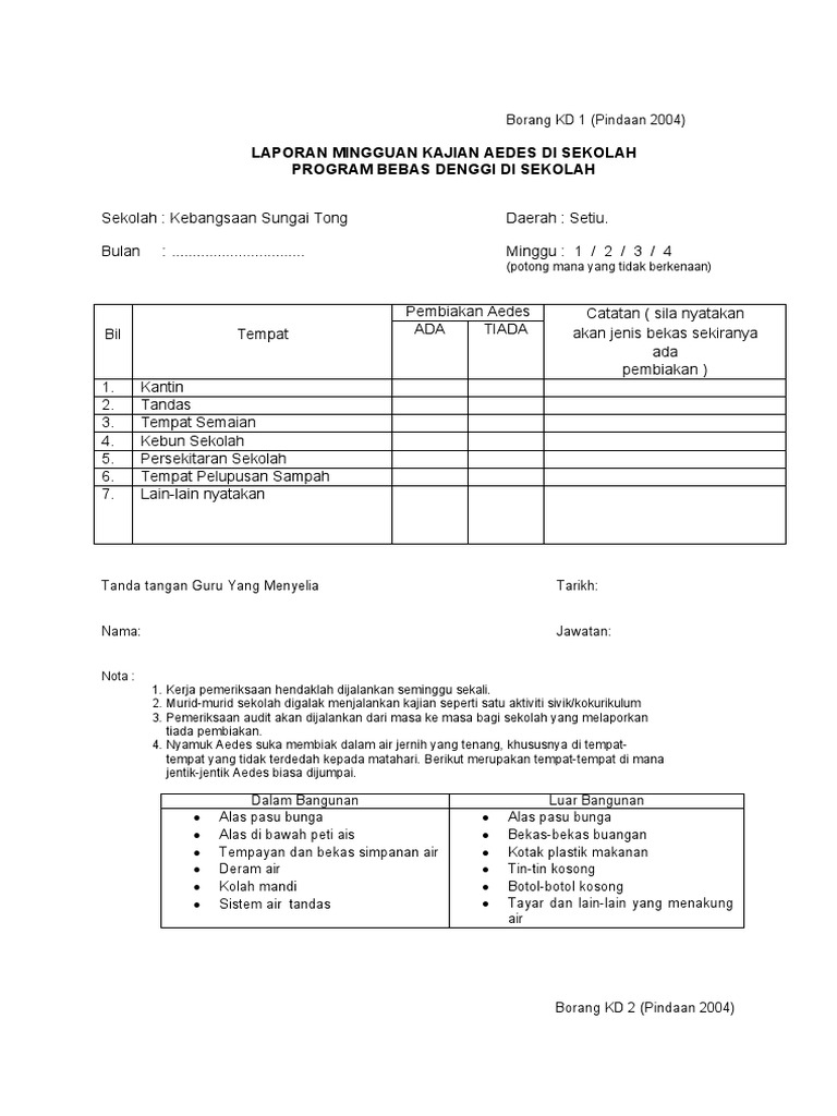 Borang Laporan Denggi KD 1 Dan KD 2 | PDF