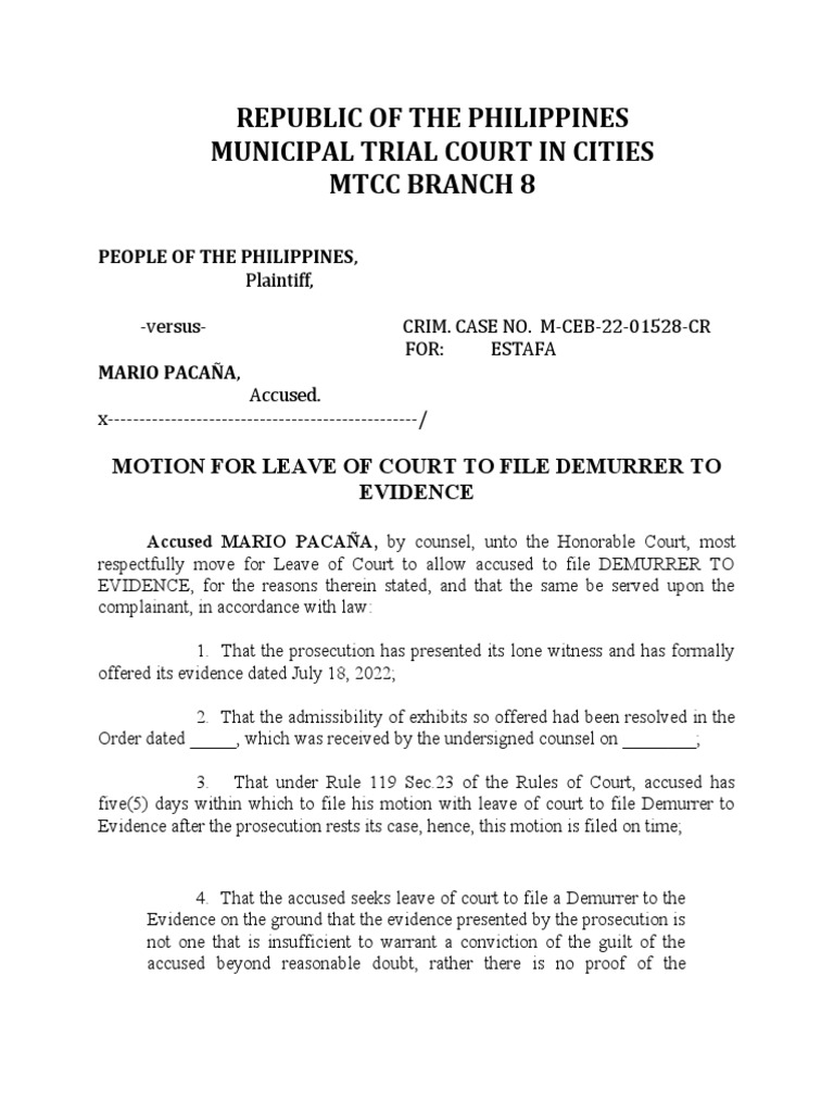 Motion For Leave To File Demurrer To Evidence 1 | Download Free PDF ...