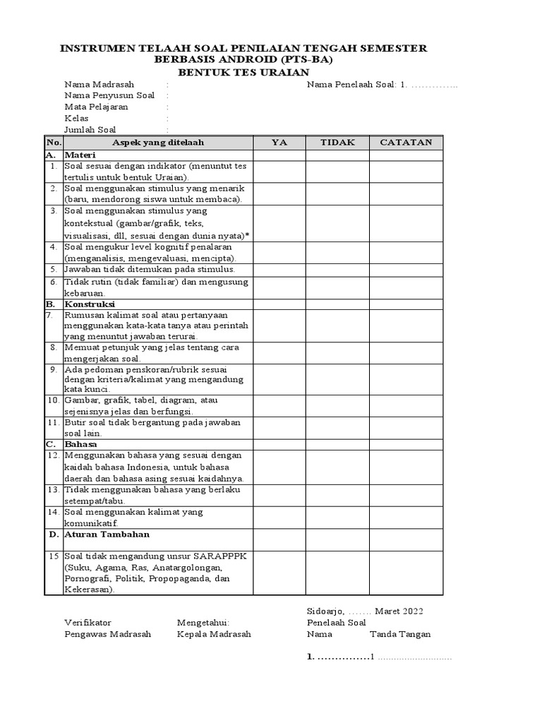 Instrumen Telaah Soal PTS-BA | PDF