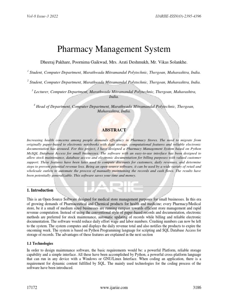 Pharmacy Management System Ijariie17172 | PDF | Databases | Sql