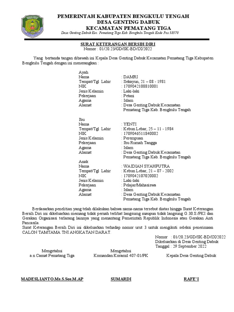 Surat Ket. Bersih Diri | PDF