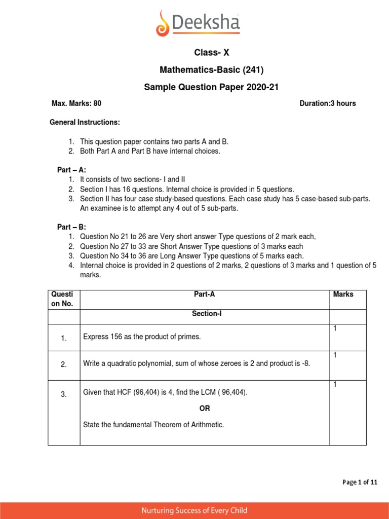 CBSE Class 10 Maths Basic Sample Paper With Solutions 2020 2021 | PDF ...