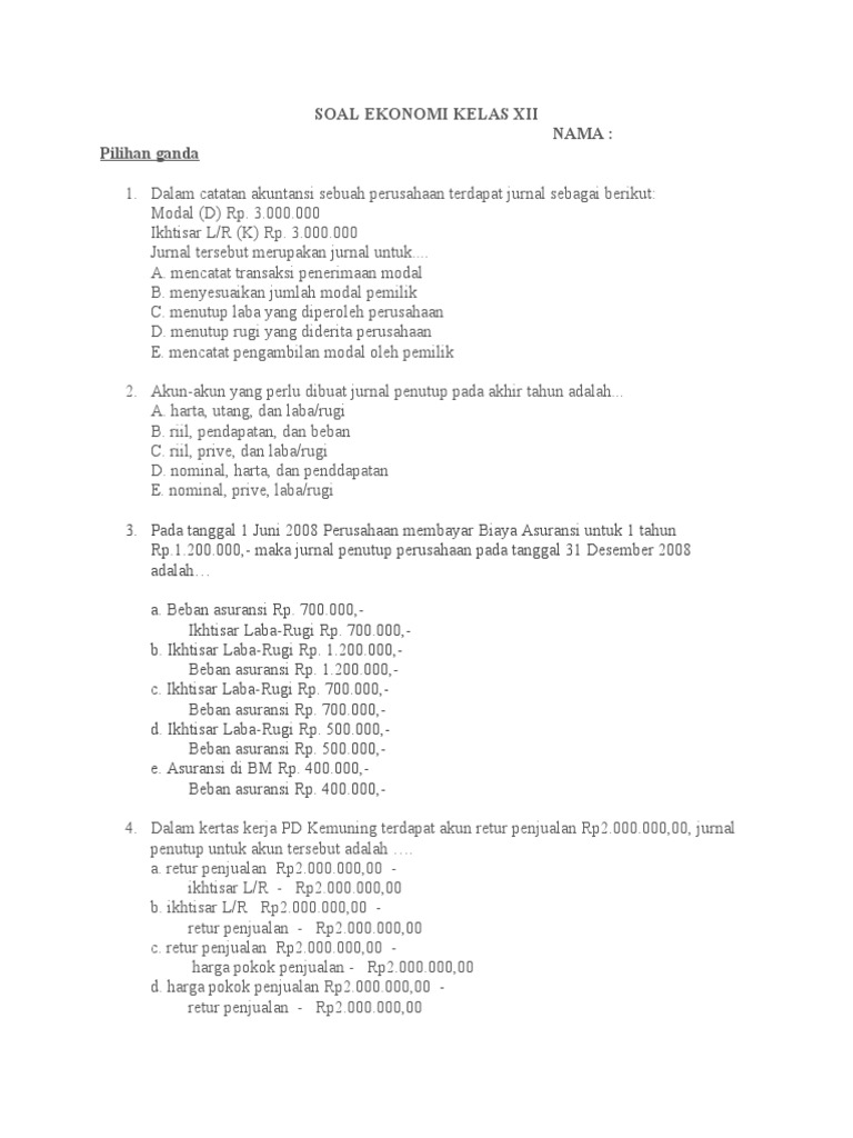 Soal Ekonomi Kelas Xii | PDF