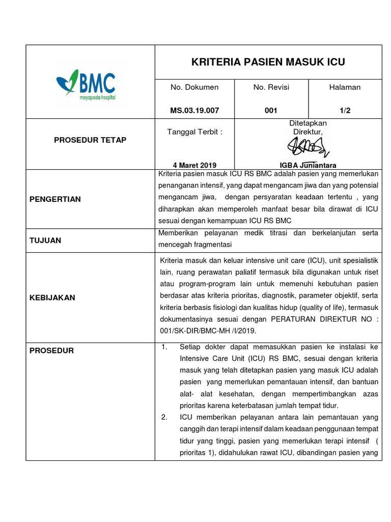 Kriteria Masuk Icu | PDF