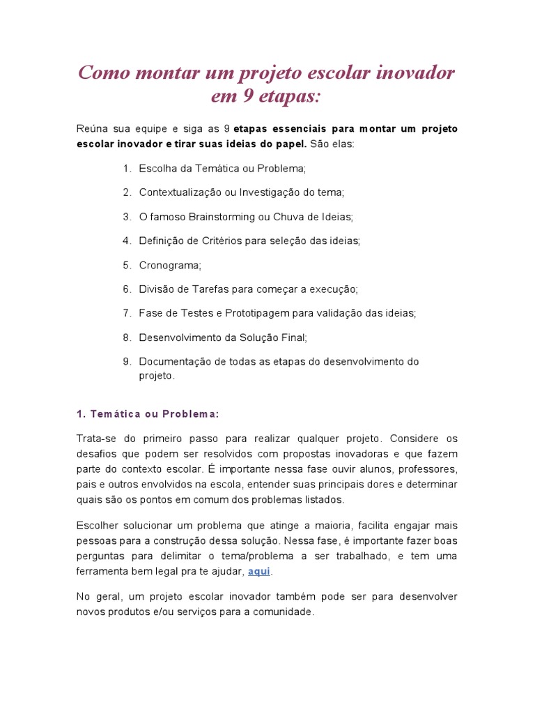 Como Montar Um Projeto Escolar Inovador em 9 Etapas | PDF | Debate ...