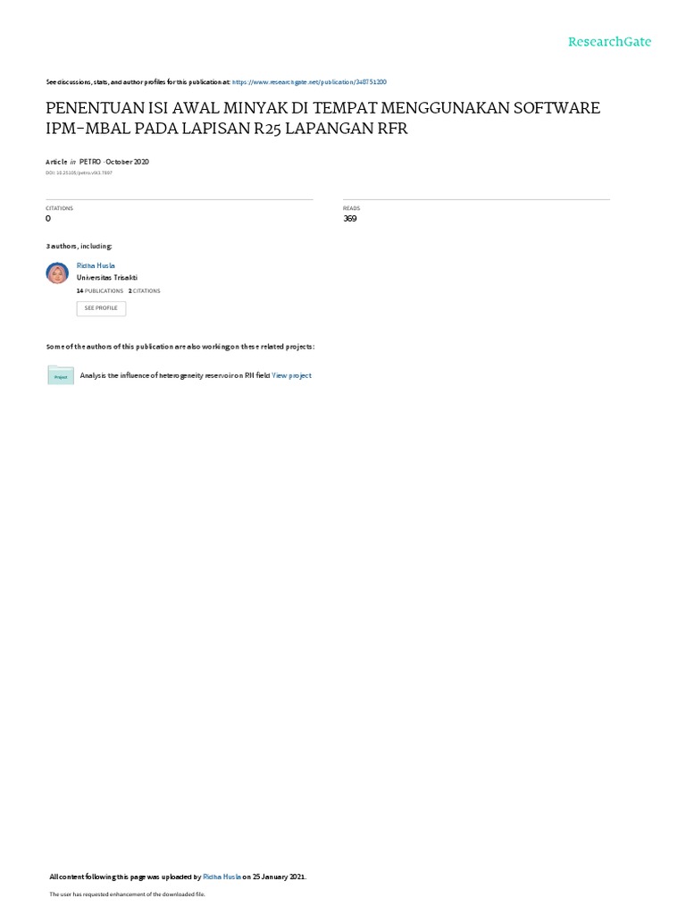 Penentuan Isi Awal Minyak Di Tempat Menggunakan Software Ipm-Mbal Pada ...