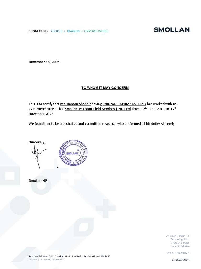 Experience Certificate for Haroon Shabbir | PDF