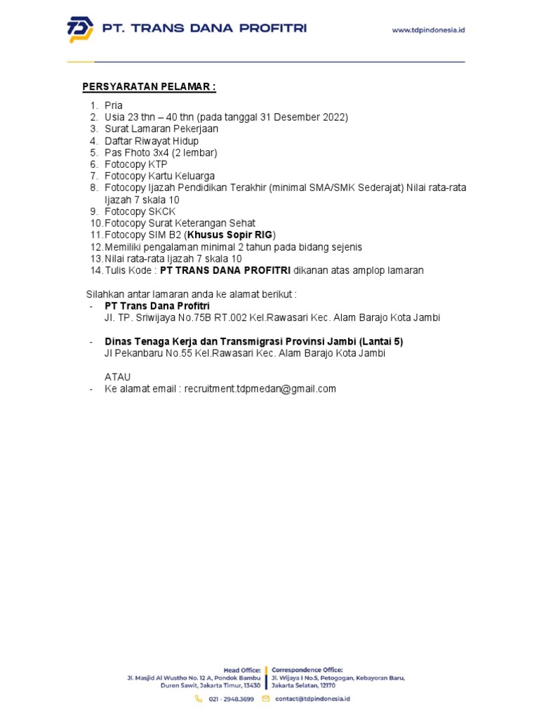 Persyaratan Pelamar PT TDP | PDF