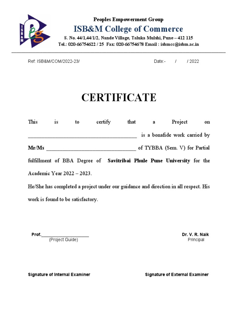 Project Certificate Common TYBBA | PDF
