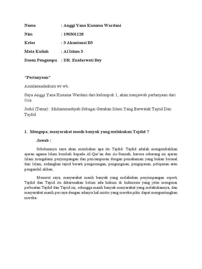 MAKALAH MUHAMMADIYAH SEBAGAI GERAKAN ISLAM YANG BERWATAK TAZDID DAN TAZDIR (Anggi) | PDF