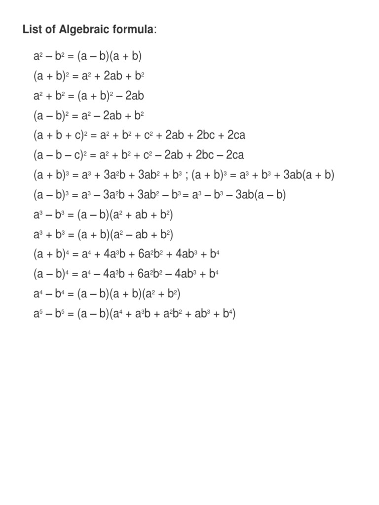 Algebra Formulas & Prime Numbers List | PDF