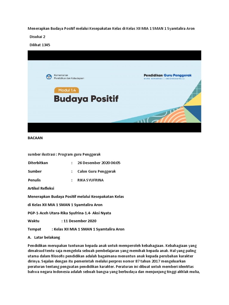 Menerapkan Budaya Positif Melalui Kesepakatan Kelas Di Kelas XII MIA 1 SMAN 1 Syamtalira Aron | PDF