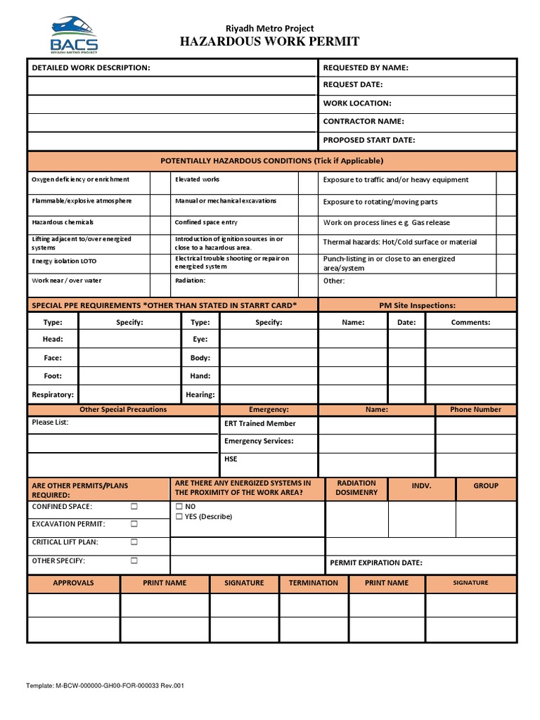 M-BCW-000000-GH00-FOR-000033 Rev001 - Hazardous Work Permit | PDF ...