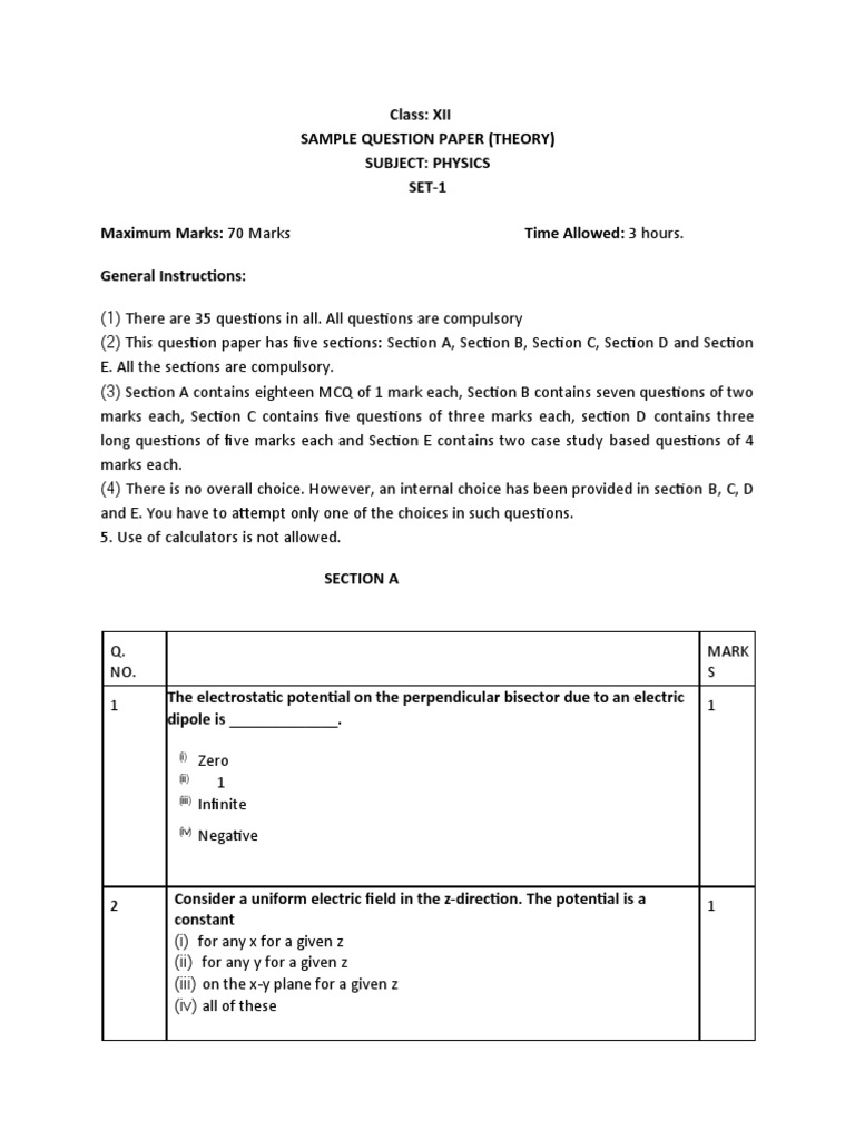 Class 12 Physics Sample Question Paper | PDF | P–N Junction | Capacitor